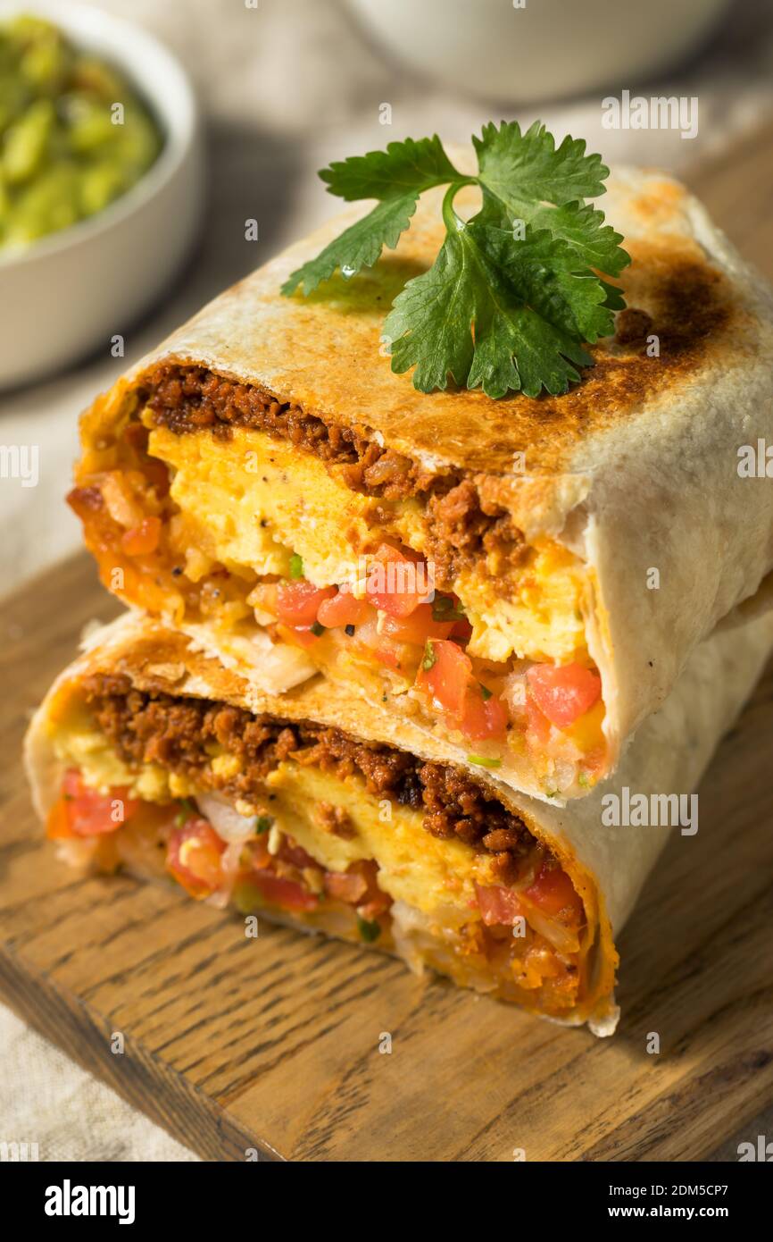 Homemade Chorizo Breakfast Burrito with Eggs Potatoes and Salsa Stock ...