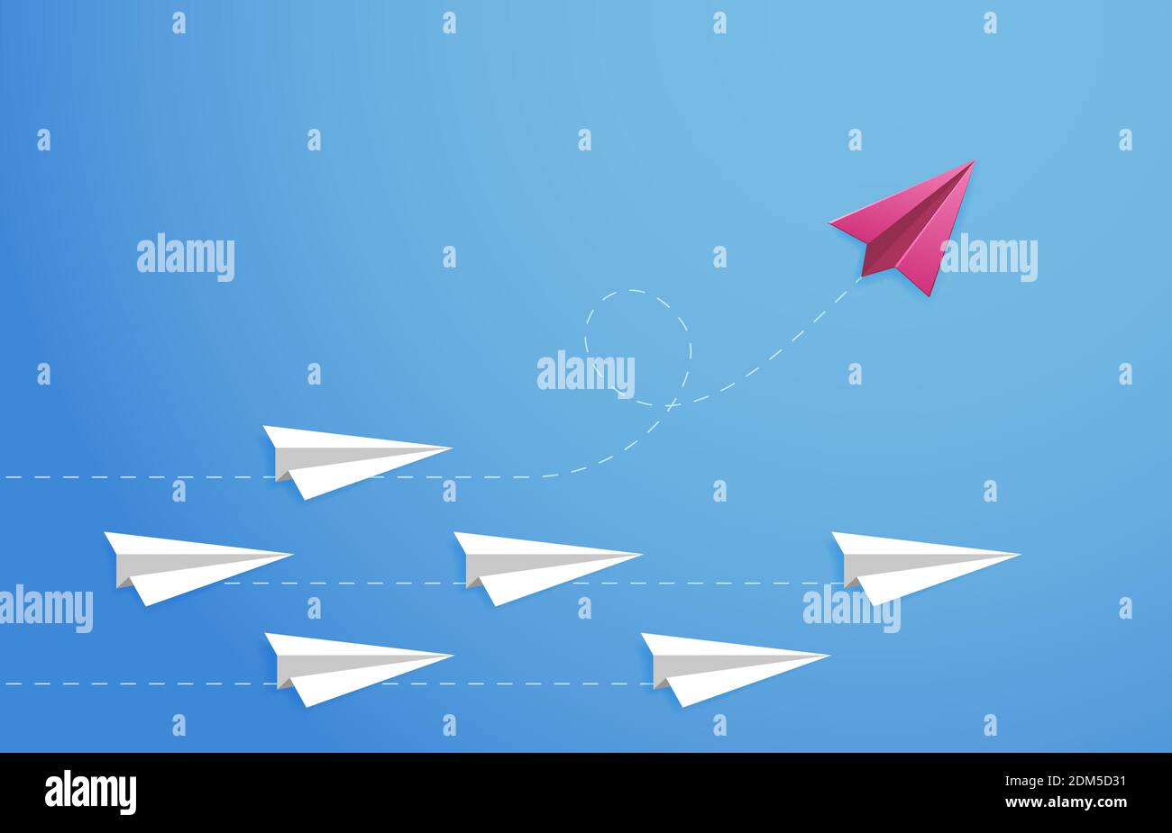 Paper plane concept. Changes direction, different opinion, new idea ...