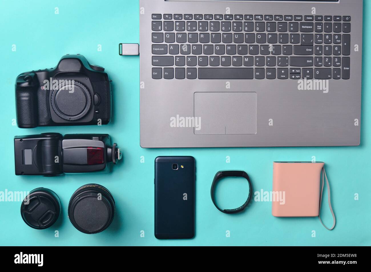 Equipment photographer, laptop, smartphone, smart watch, power bank, on ...