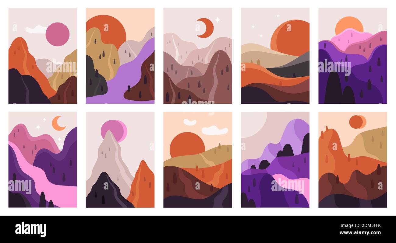 Abstract landscapes. Mountains and river minimalist scenes ...