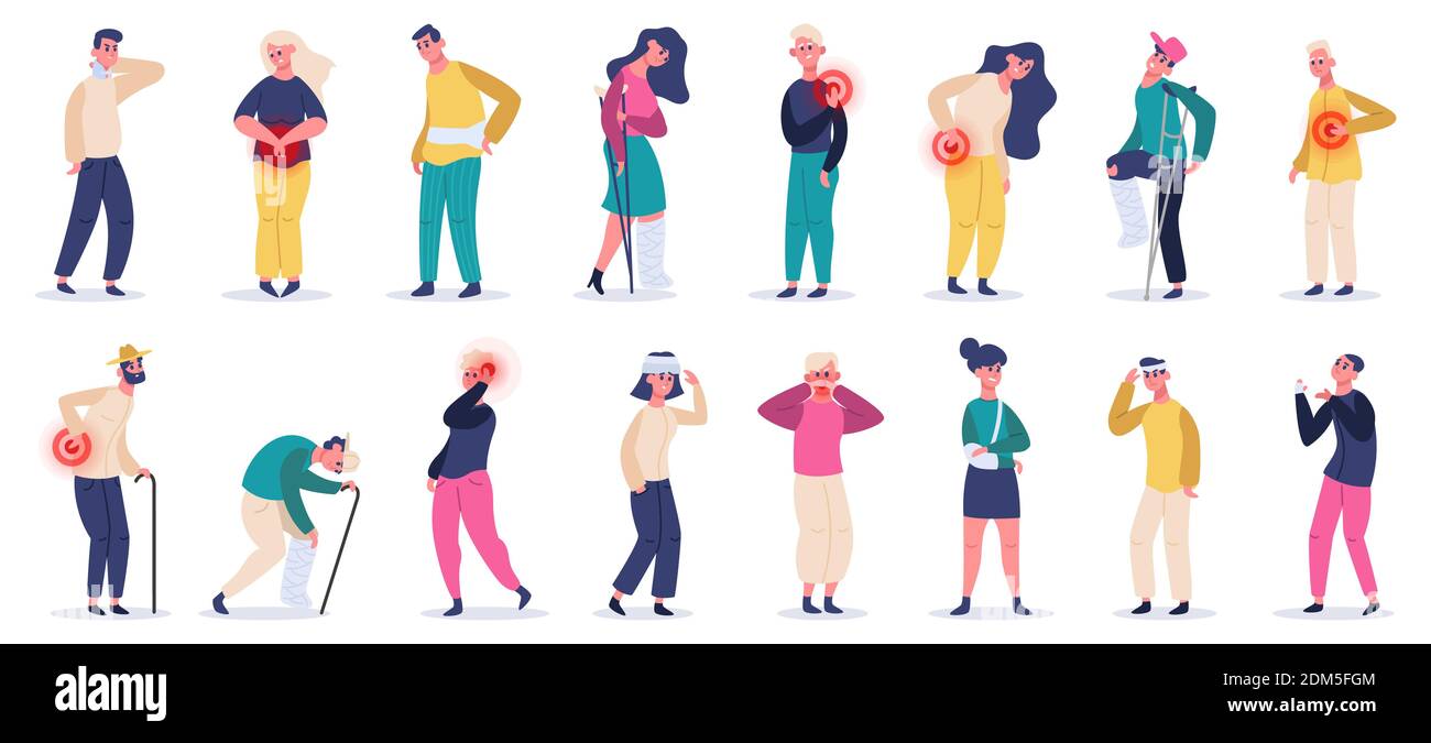 Injured people. Adult characters suffering from pain, injuries and ...