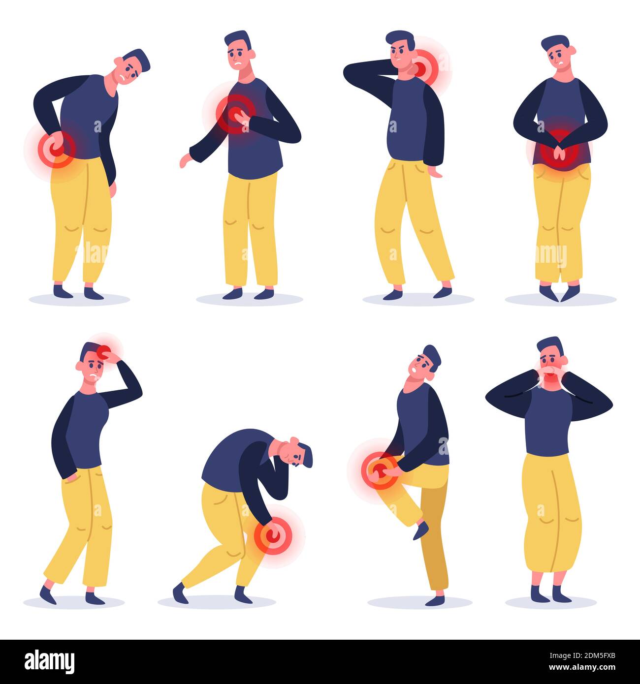 Male character in pain. Man suffering from pain, headache, backache and ...