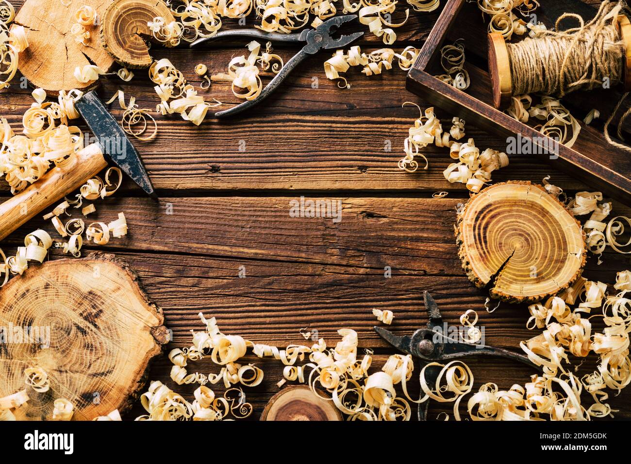 DIY wood. Woodworking workshop. Wood shavings and carpentry tools ...