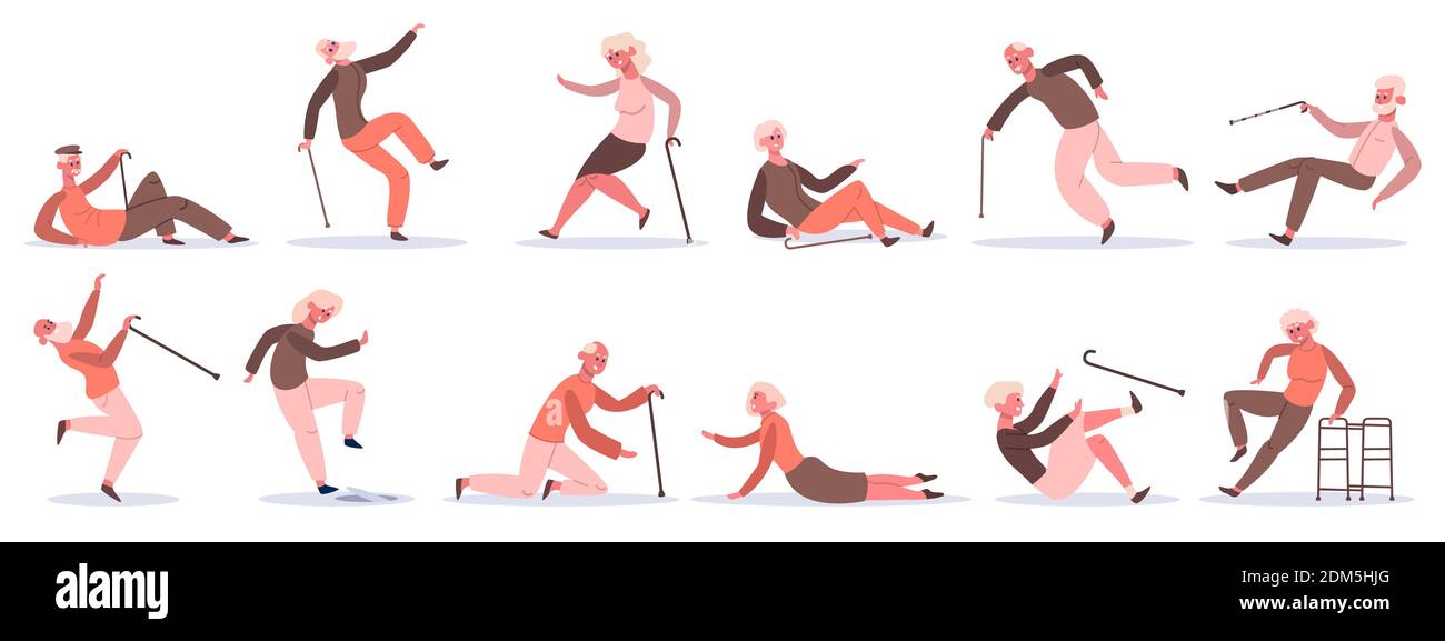 Falling elderly characters. Old people stumble and slip, retired ...
