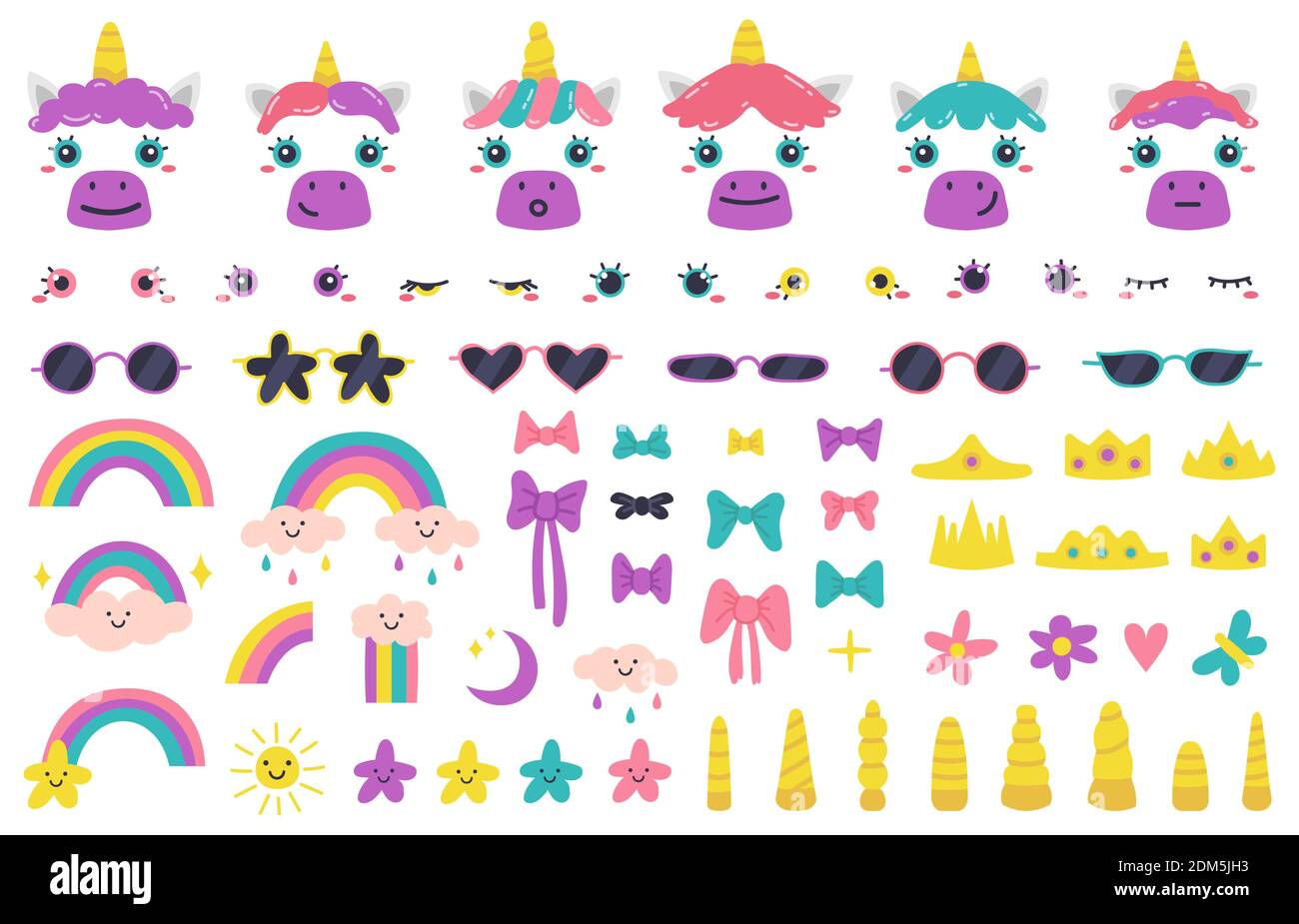 Unicorn faces. Cute fairytale unicorn face constructor, unicorn horns ...