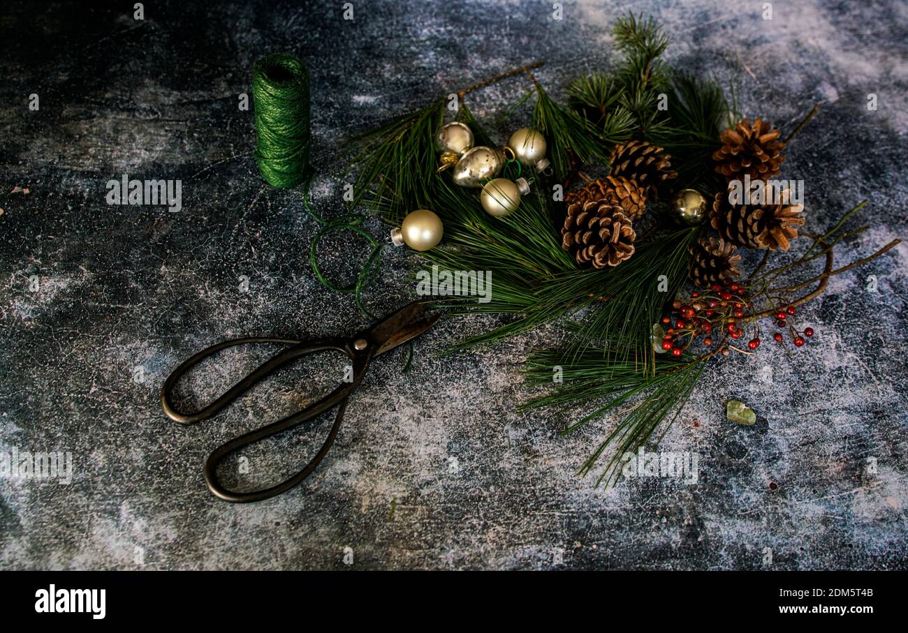 Christmas arrangement of objects and decorations Stock Photo - Alamy