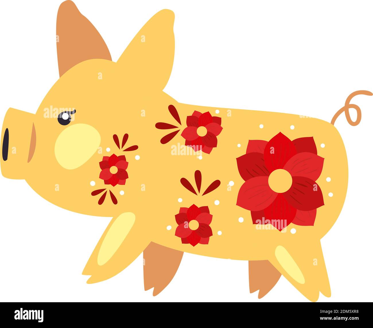 Chinese pig with red flowers design, China culture asia and oriental ...