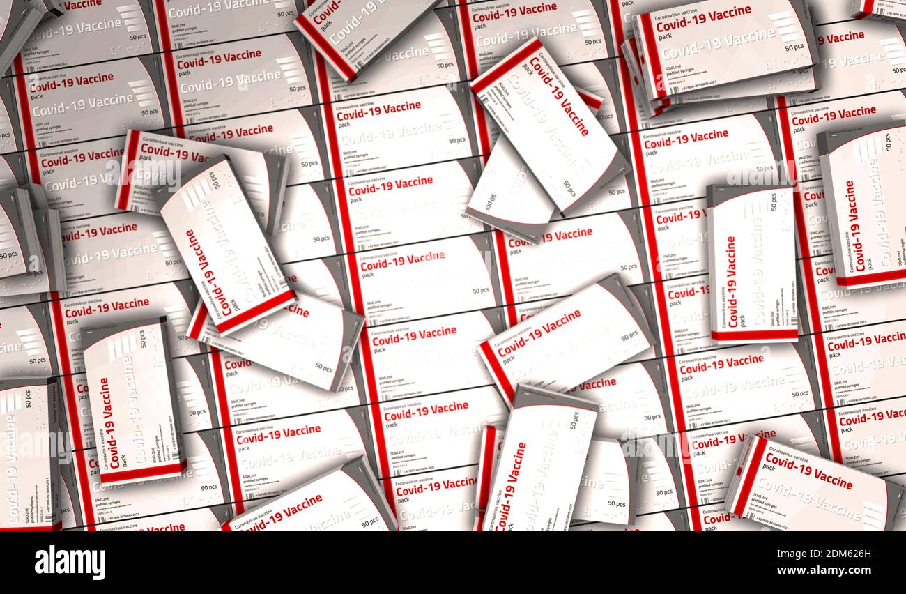 Covid-19 vaccine pack production line. Coronavirus sars-cov-2 ...