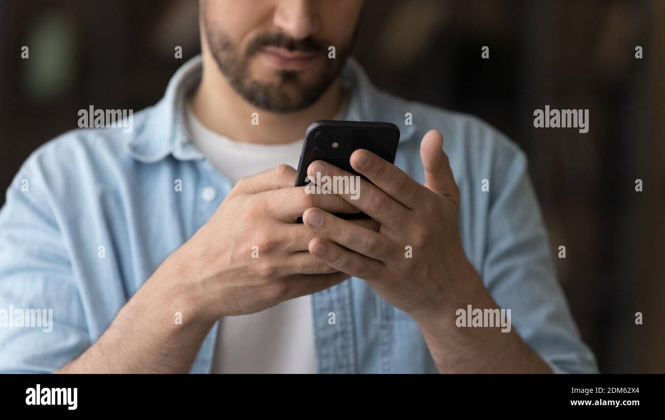 Wide close up of view of man use modern cellphone Stock Photo - Alamy