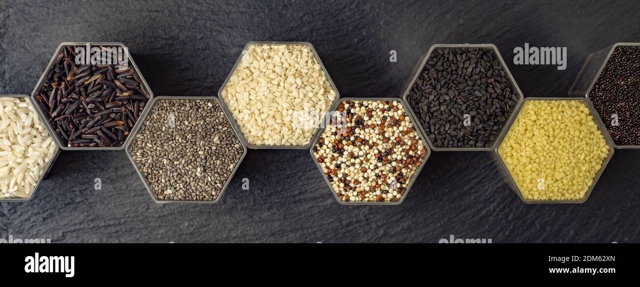Various cereals and grains in the hexagonal shaped honeycomb jars in ...