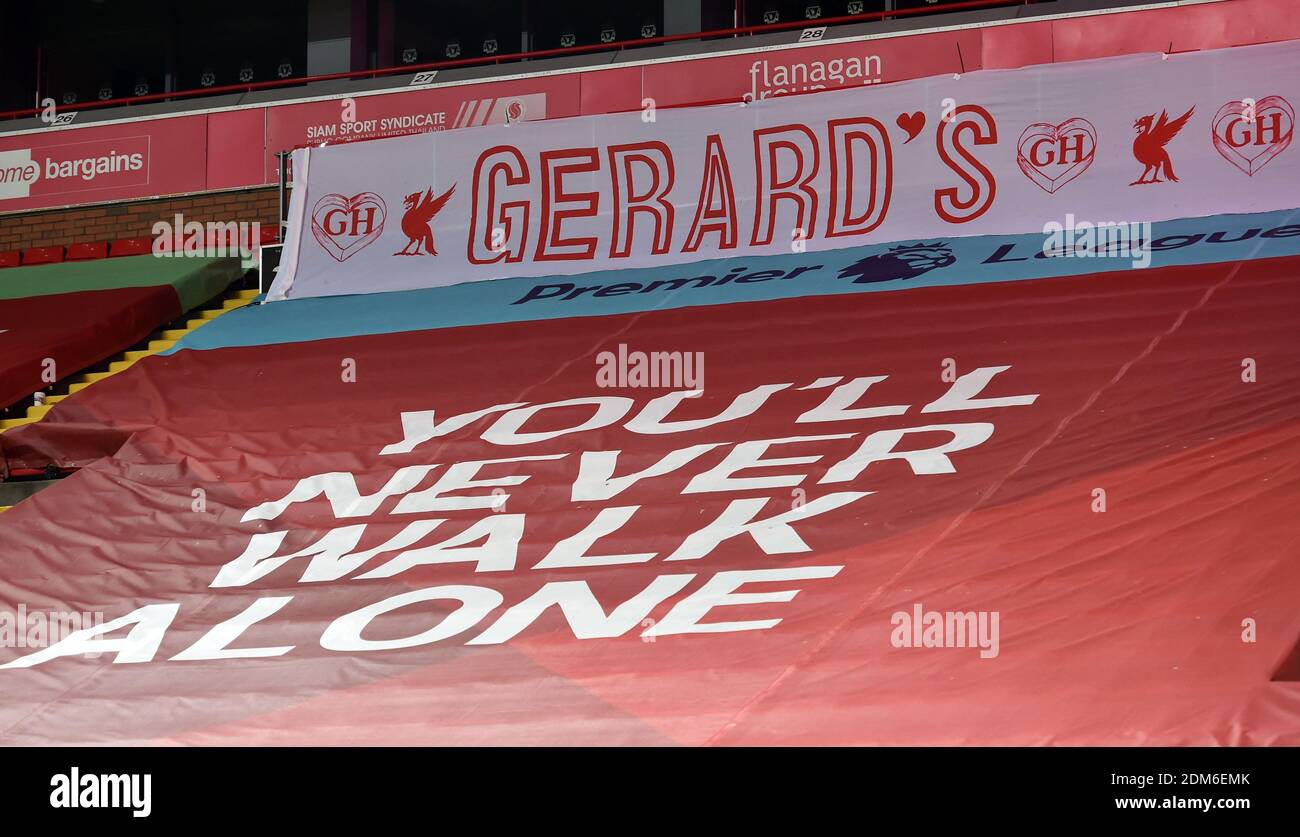 A banner in memory of Former Liverpool manager Gerard Houllier who died ...