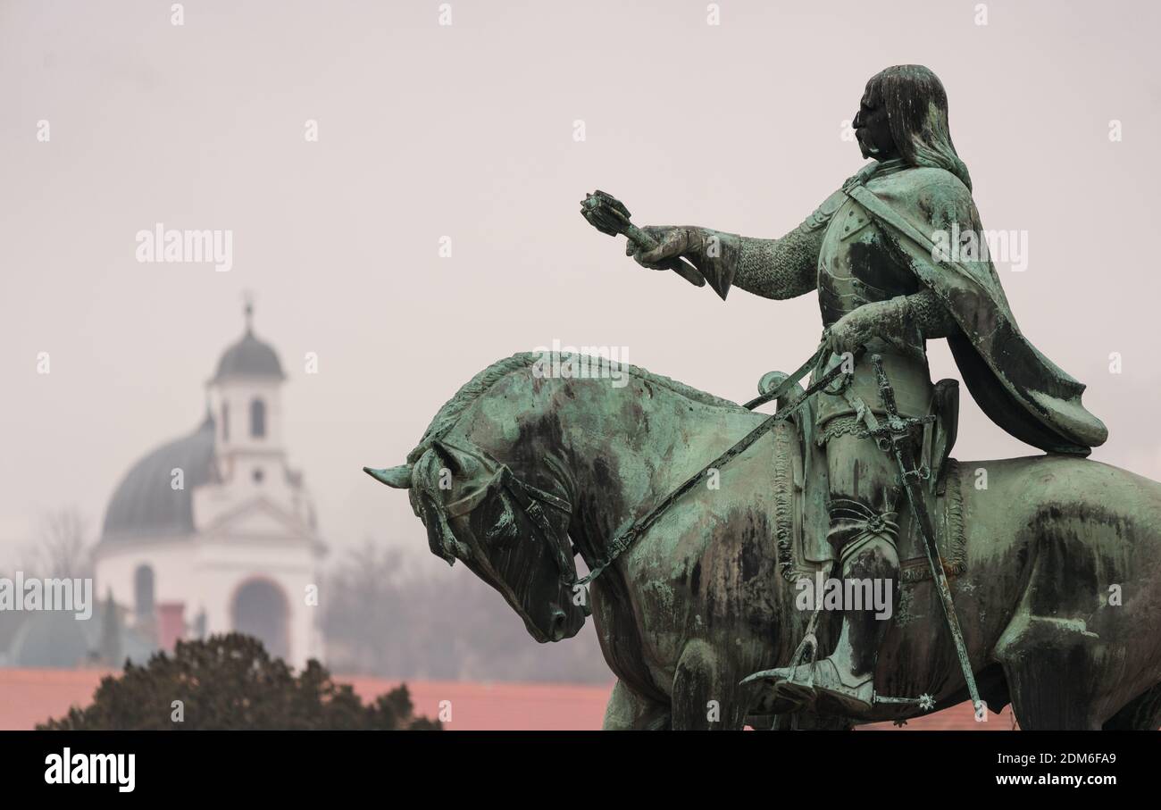 statue of Janos Hunyadi on Szechenyi Square in Pecs, Hungary with ...