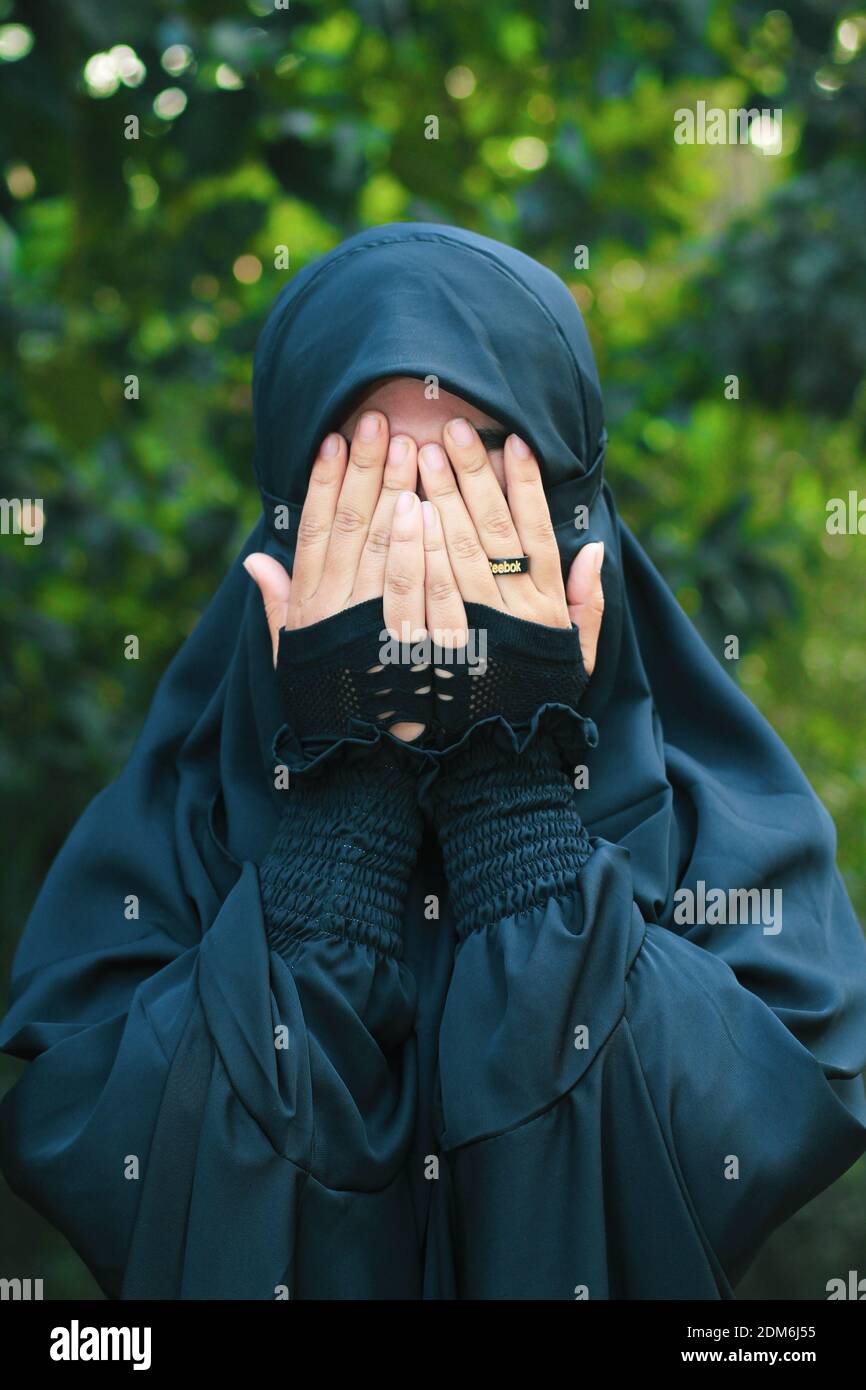 Asian Muslim Girl Portrait Of Happy Beautiful Young Woman Religious Wear Veil Hijab She Sad