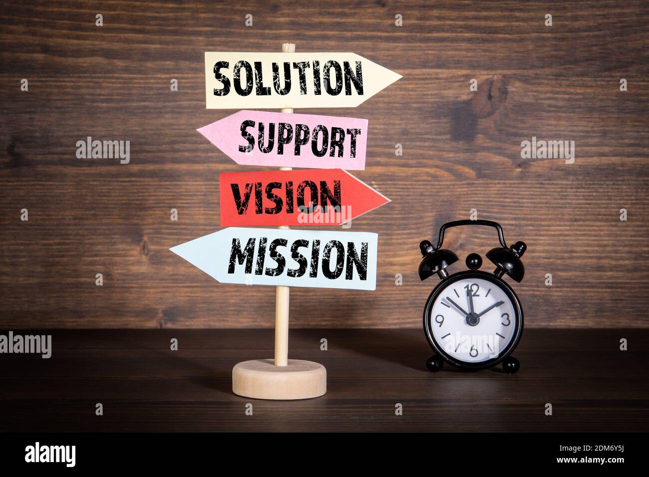 Solution, Support, Vision and Mission concept. Signpost on a wooden ...