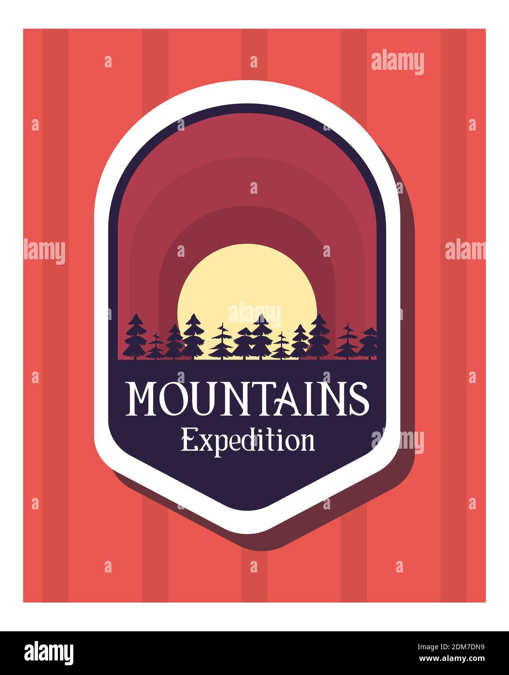 mountains expedition with sun and pine trees landscape label on red ...