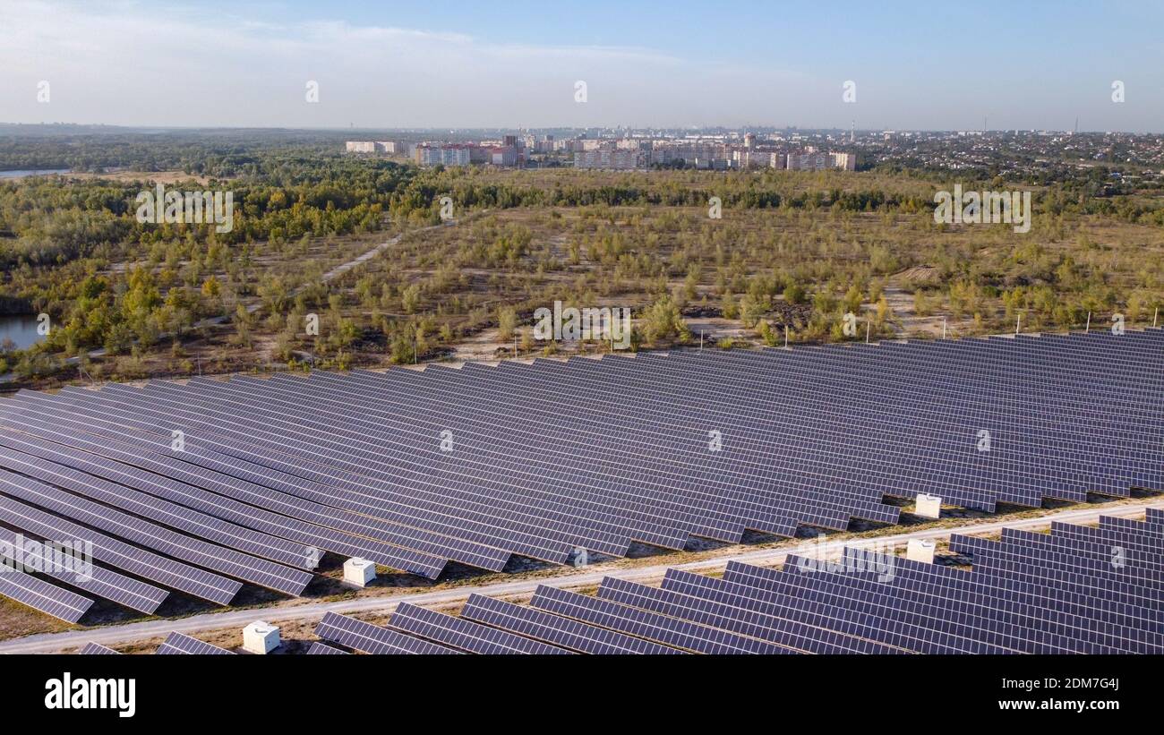Solar energy farm. High angle, elevated view of solar panels on an ...