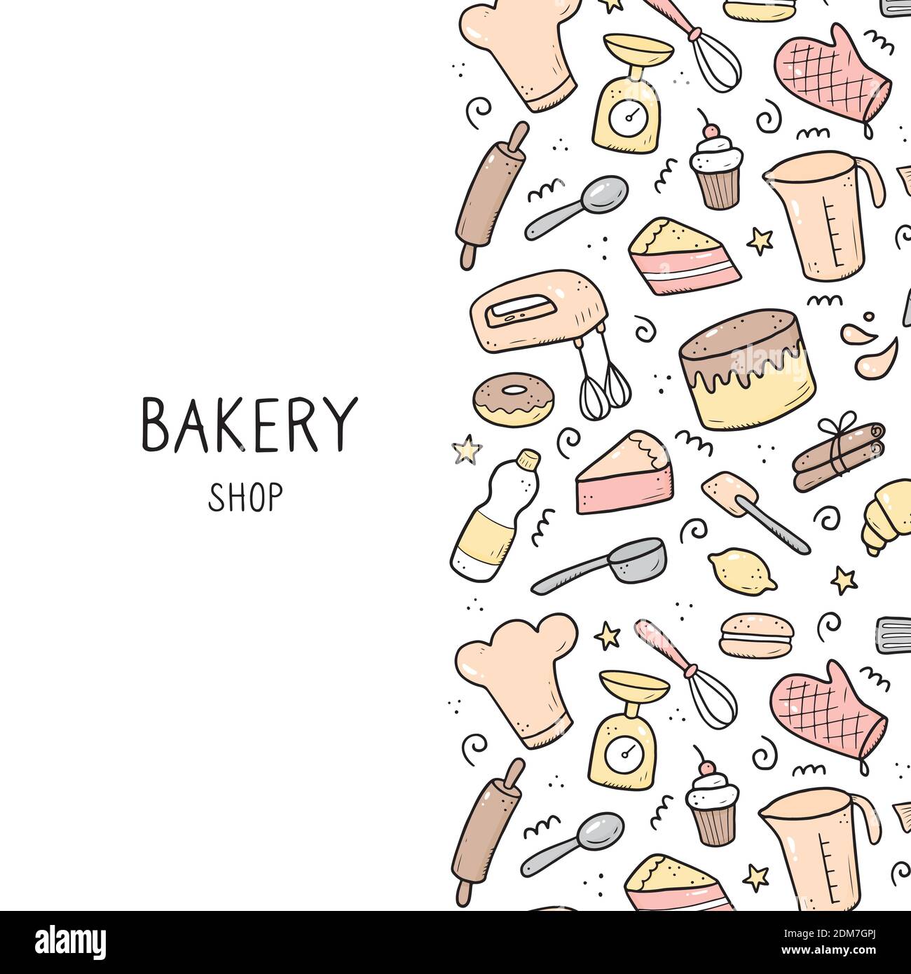 Hand drawn set of baking and cooking tools, mixer, cake, spoon, cupcake ...