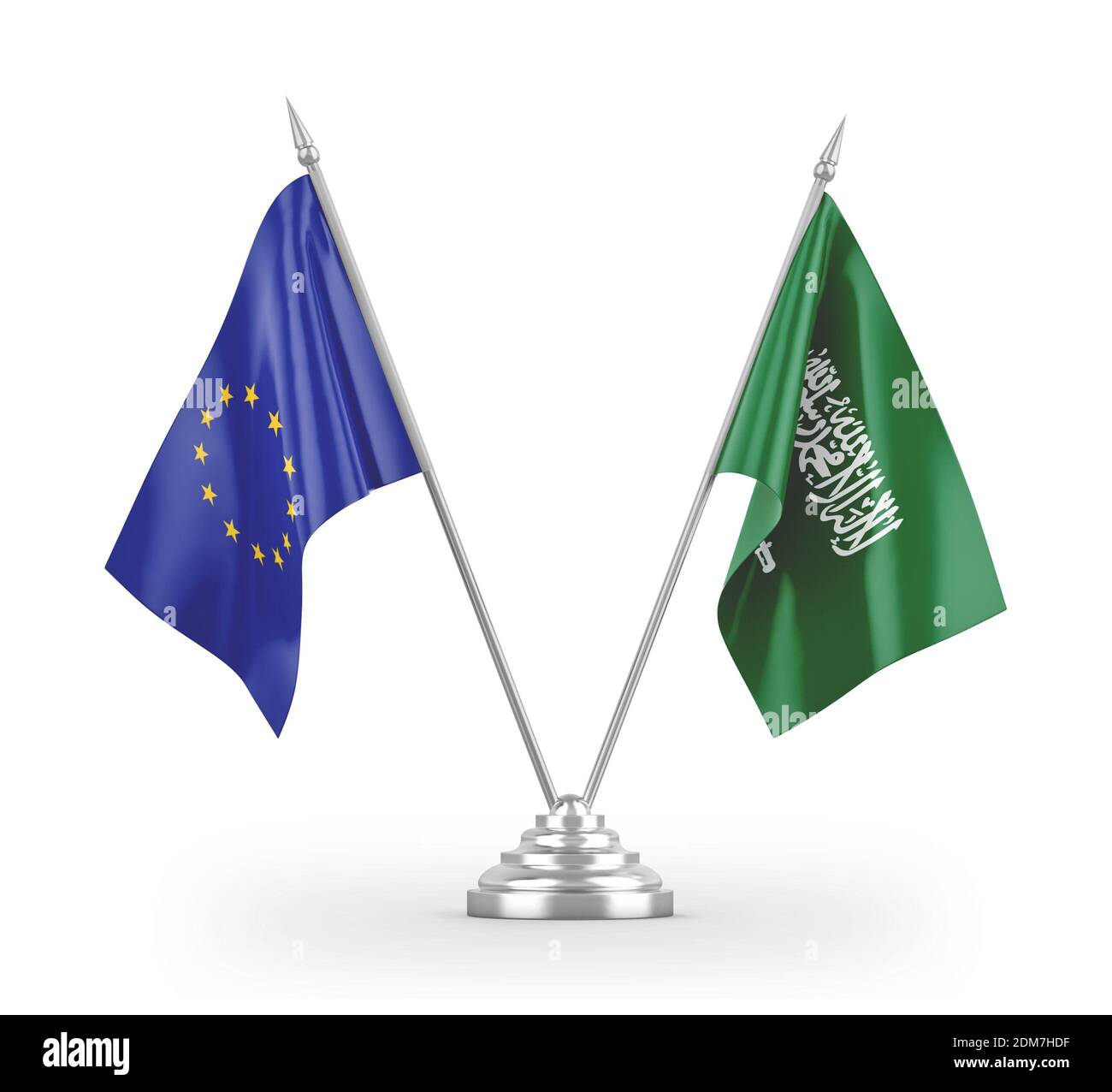 Saudi Arabia and European Union table flags isolated on white 3D ...