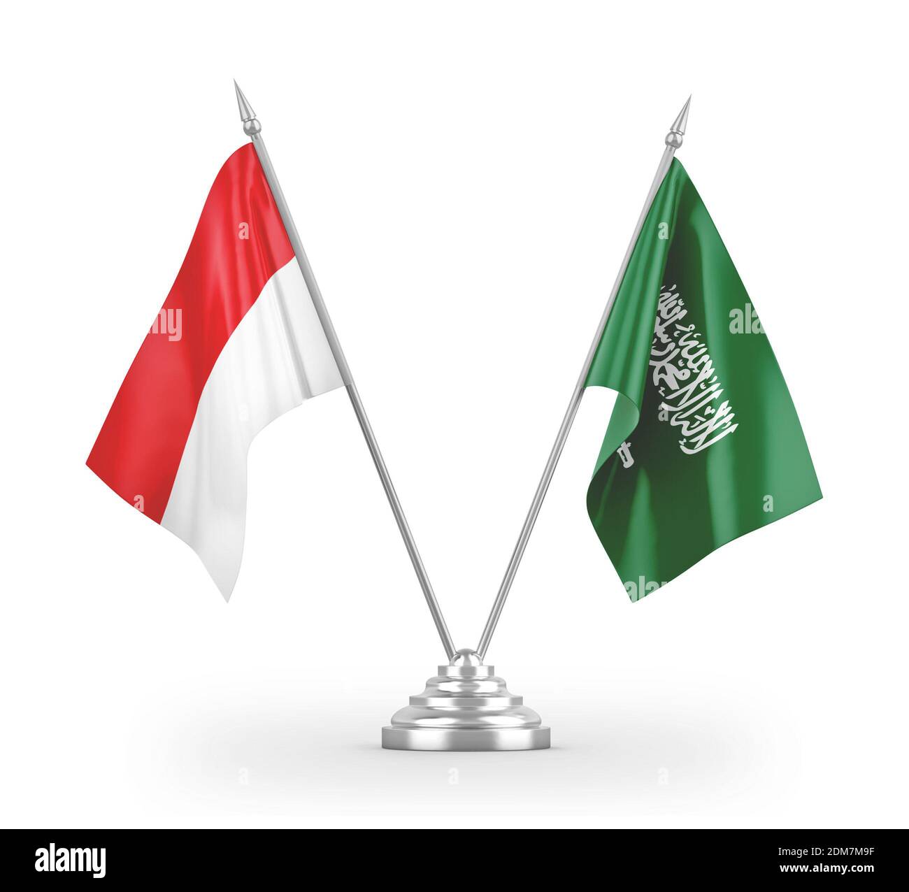 Saudi Arabia and Indonesia table flags isolated on white 3D rendering ...