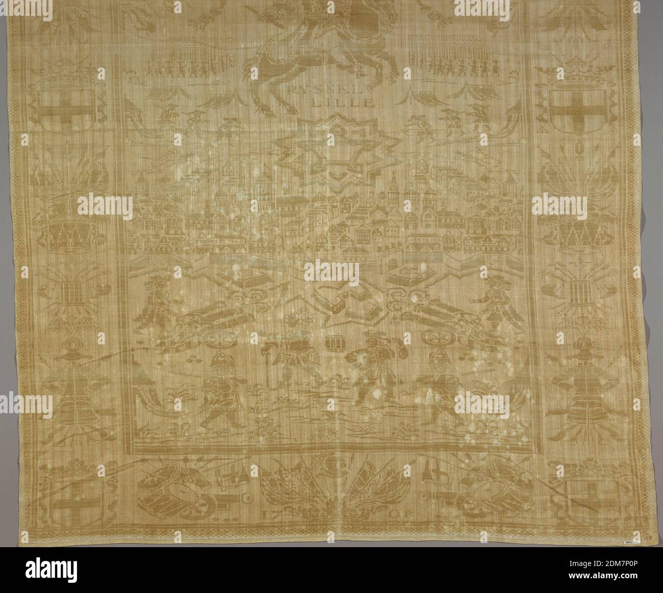 Napkin, Medium: linen Technique: damask, Mounted horseman over a town ...