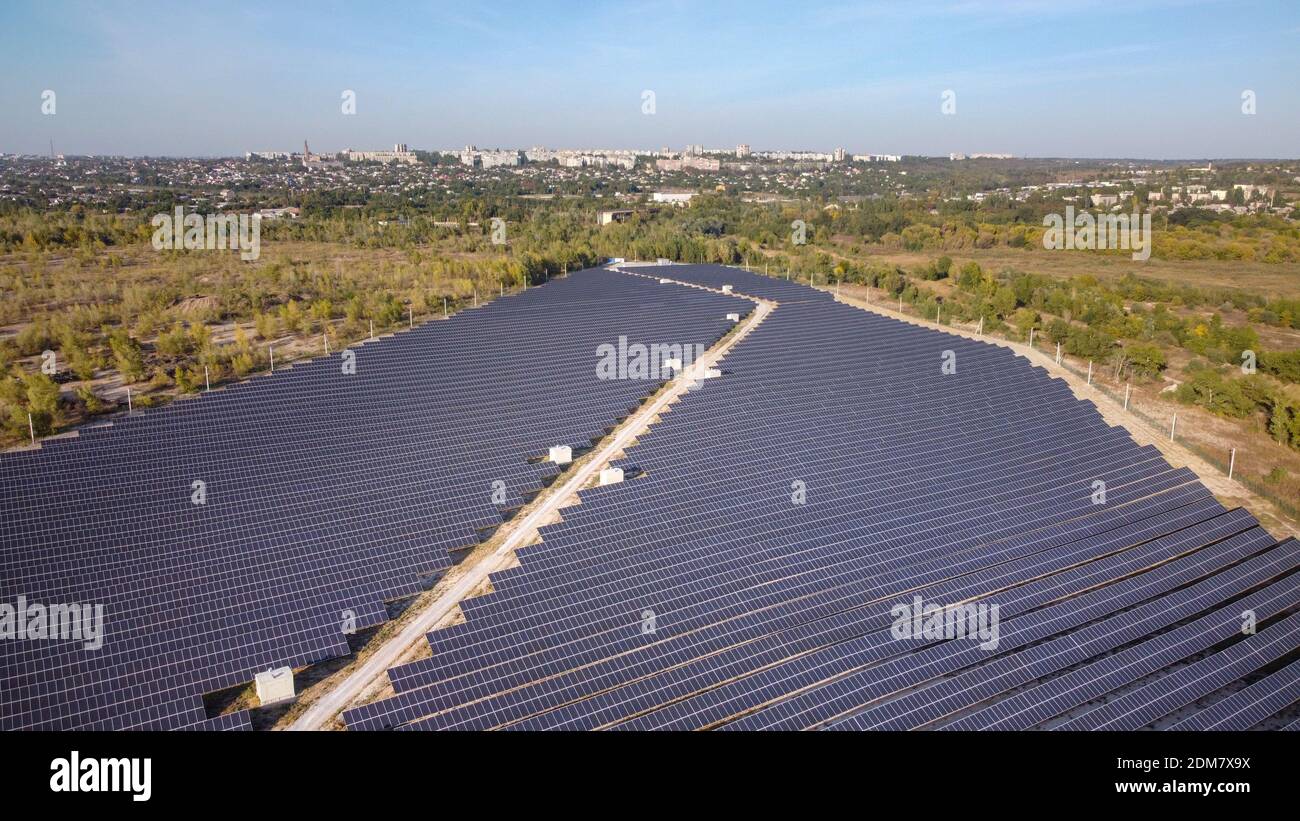 Solar energy farm. High angle, elevated view of solar panels on an ...