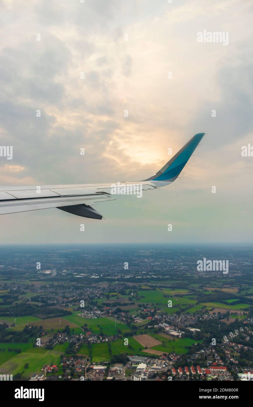 Flying over Bremen Germany with view from the airplane window on the ...