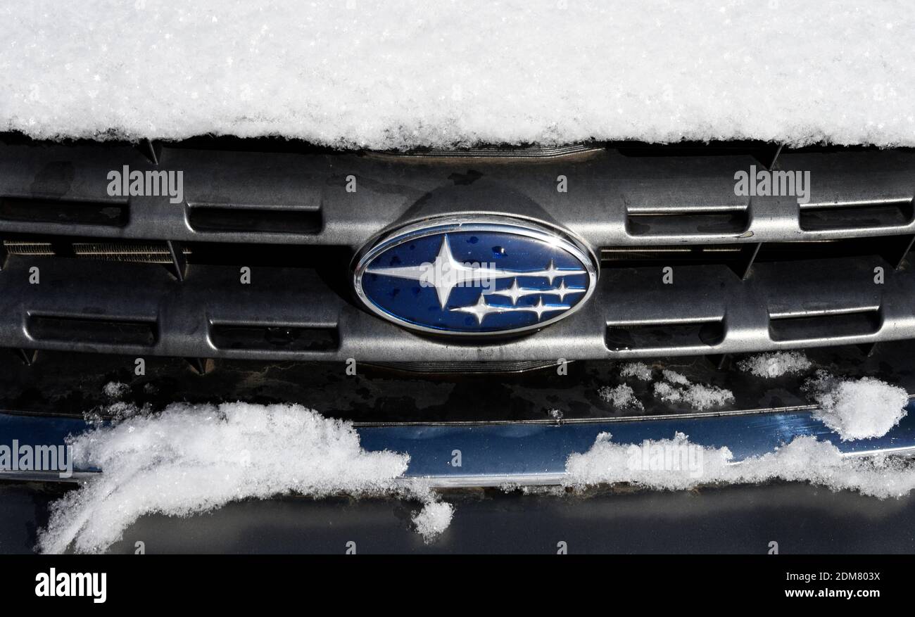 The front grille logo of a Subaru automobile inspired by the Japanese ...