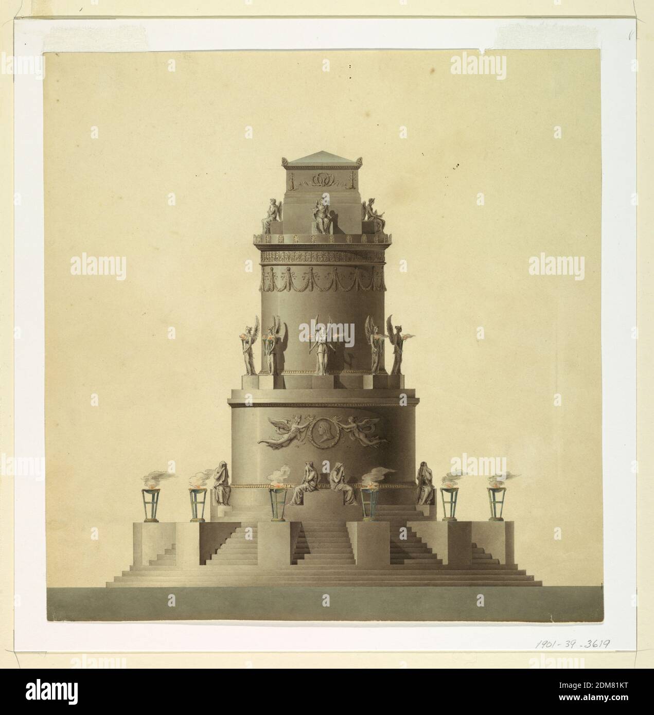 Sepulchral Monument to a Hero, Pen and black ink, brush and pink, green ...