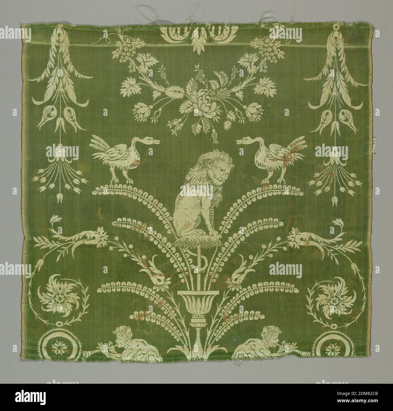 Textile, Medium: silk Technique: lampas, Green and white silk with a ...