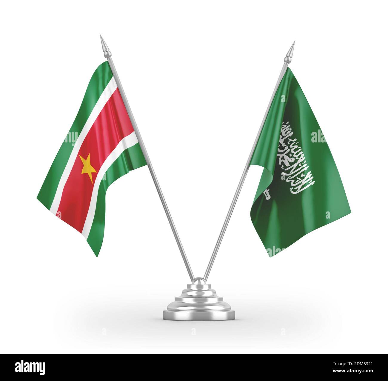 Saudi Arabia and Suriname table flags isolated on white 3D rendering ...