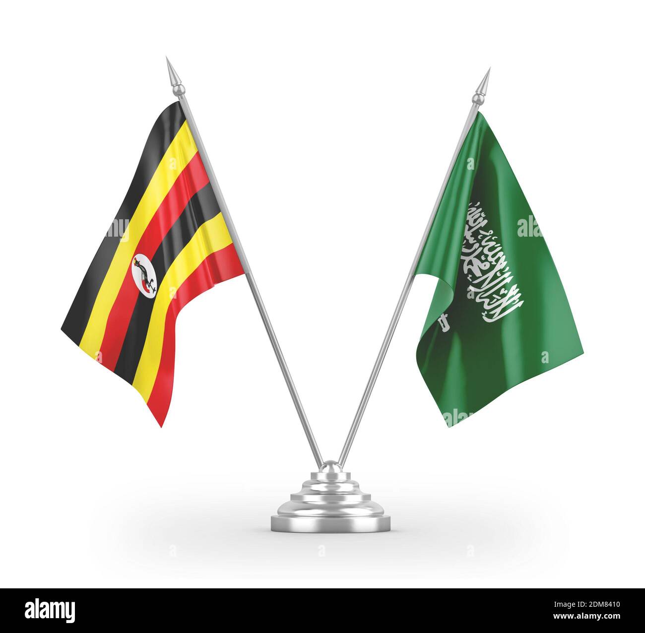 Saudi Arabia and Uganda table flags isolated on white 3D rendering ...