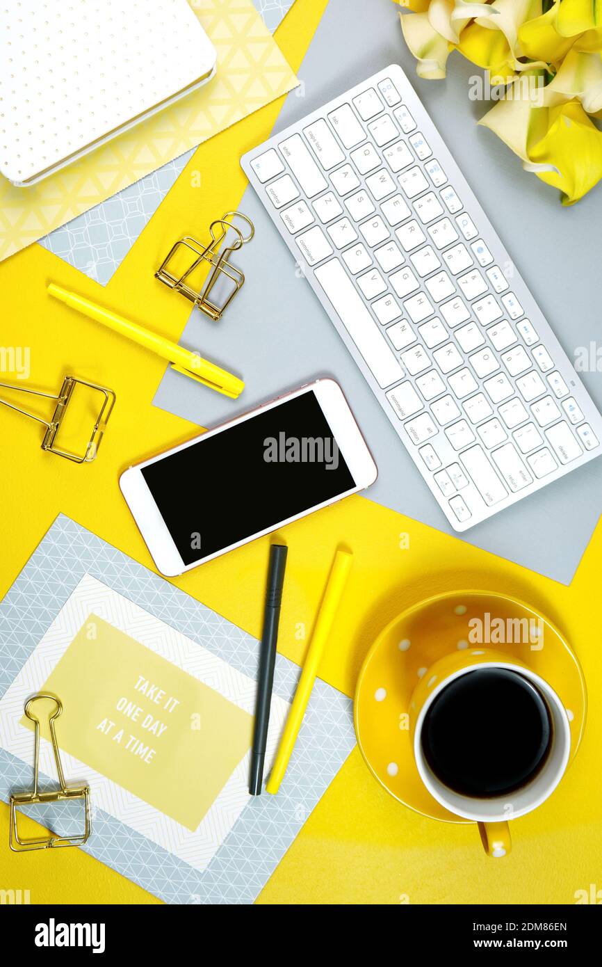 2021 colors of the year, yellow and gray, desktop workspace with ...