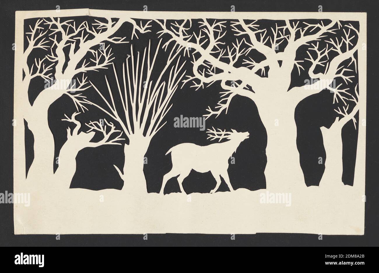 A Stag Among Trees, Silhouette of white paper, cut out, on black paper ...