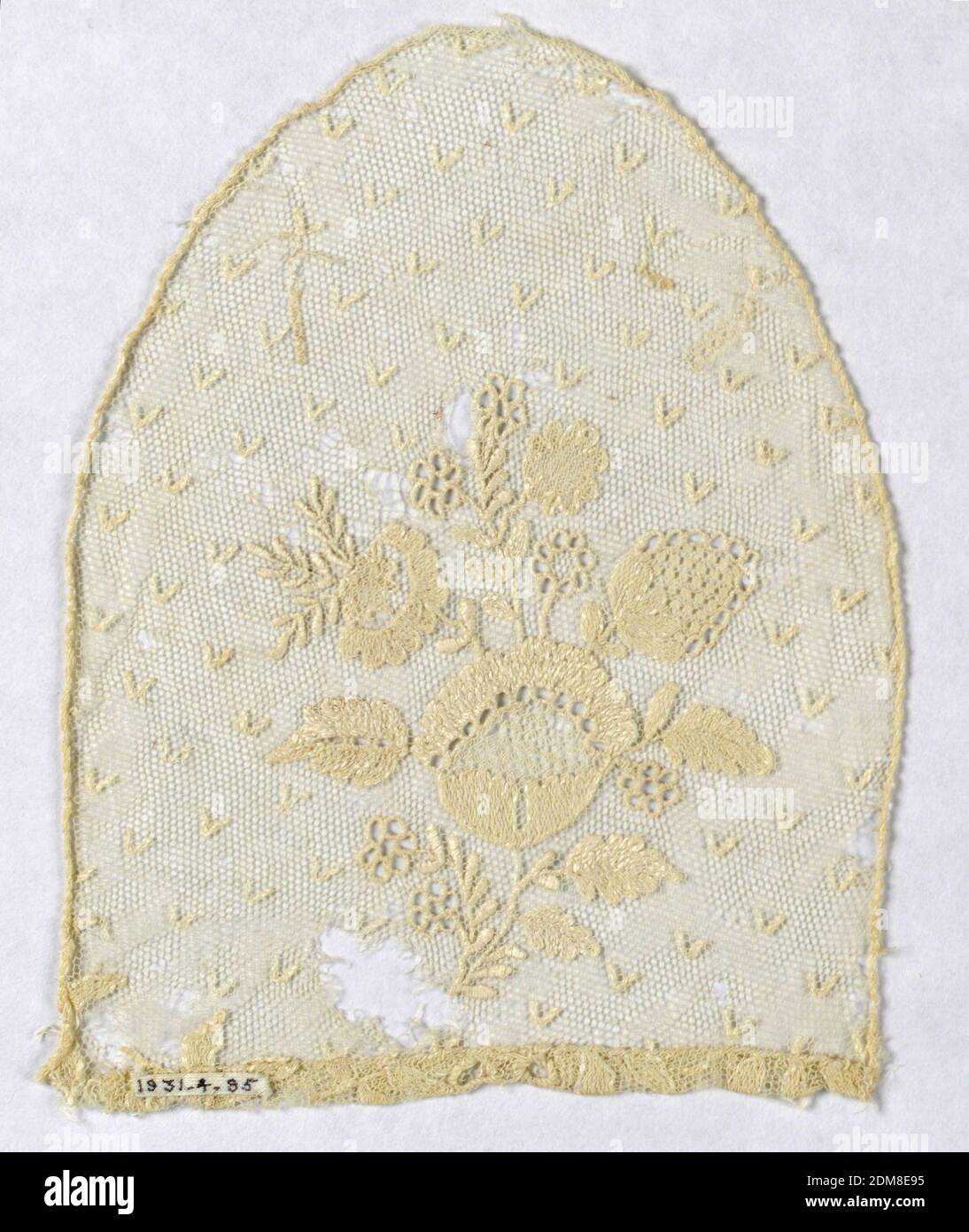 Cap crown, Medium: Technique: needlework on net, Central floral spray ...