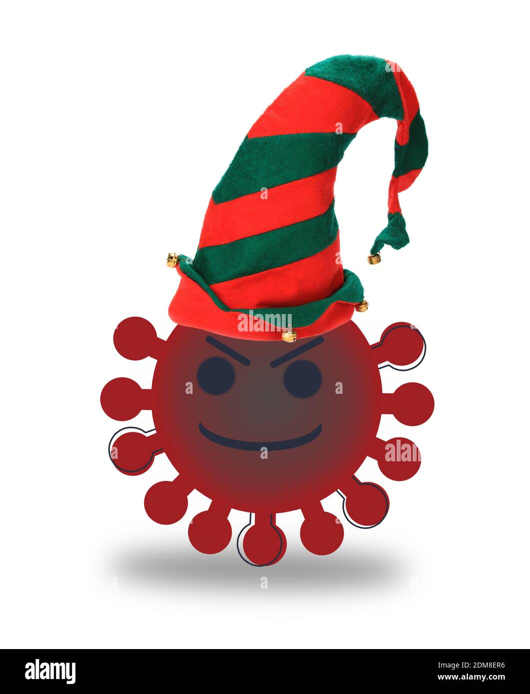 An isolated shot of a virus with an evil smile wearing a Christmas elf ...