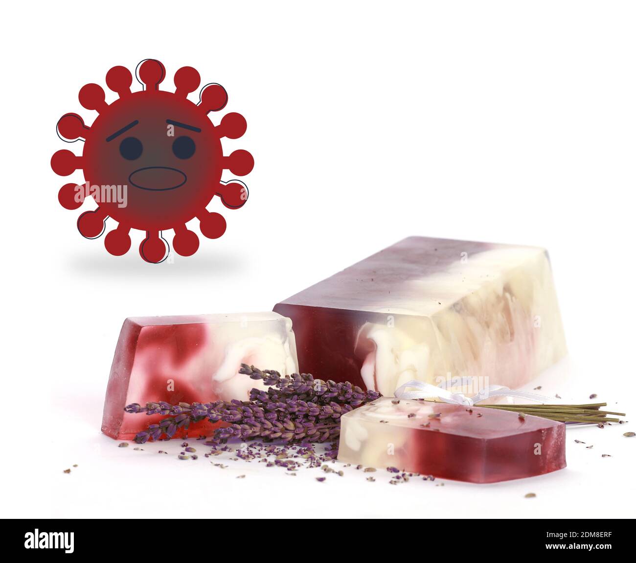A scared virus next to organic soap with lavender Stock Photo - Alamy