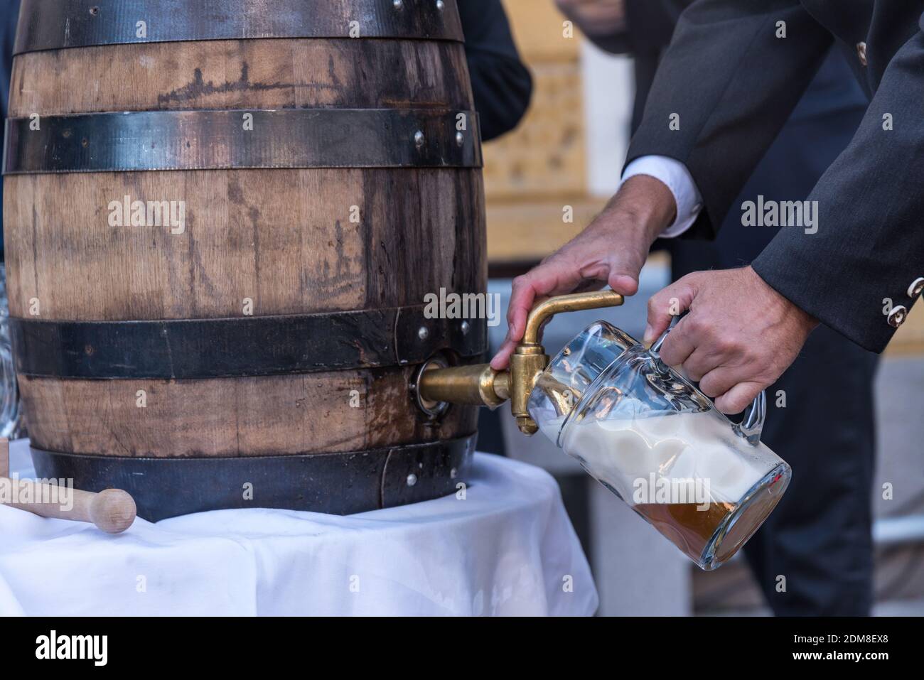 Beer Barrel While Tapping And Filling The First Beer Mug Stock Photo ...