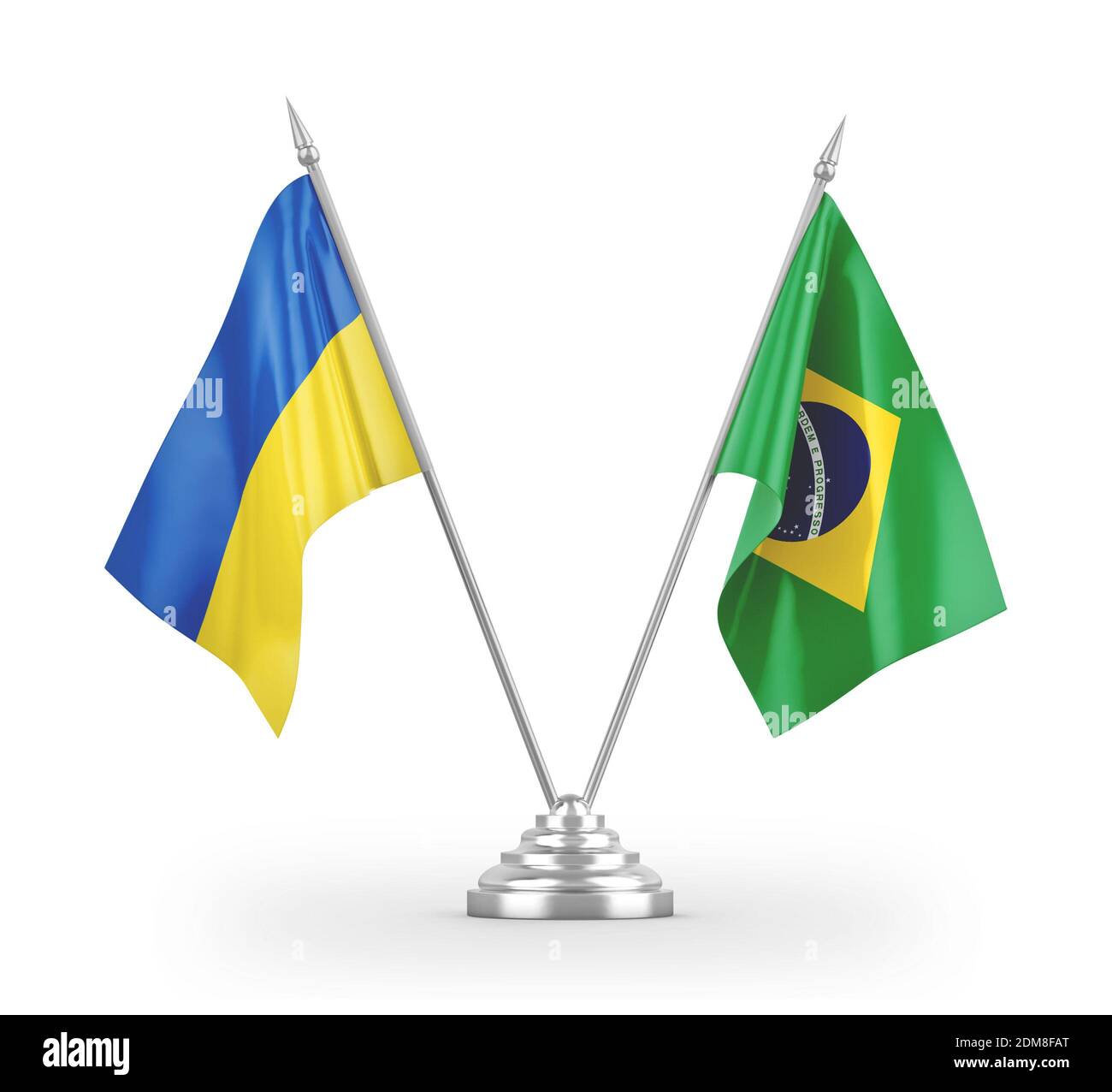 Brazil and Ukraine table flags isolated on white 3D rendering Stock ...