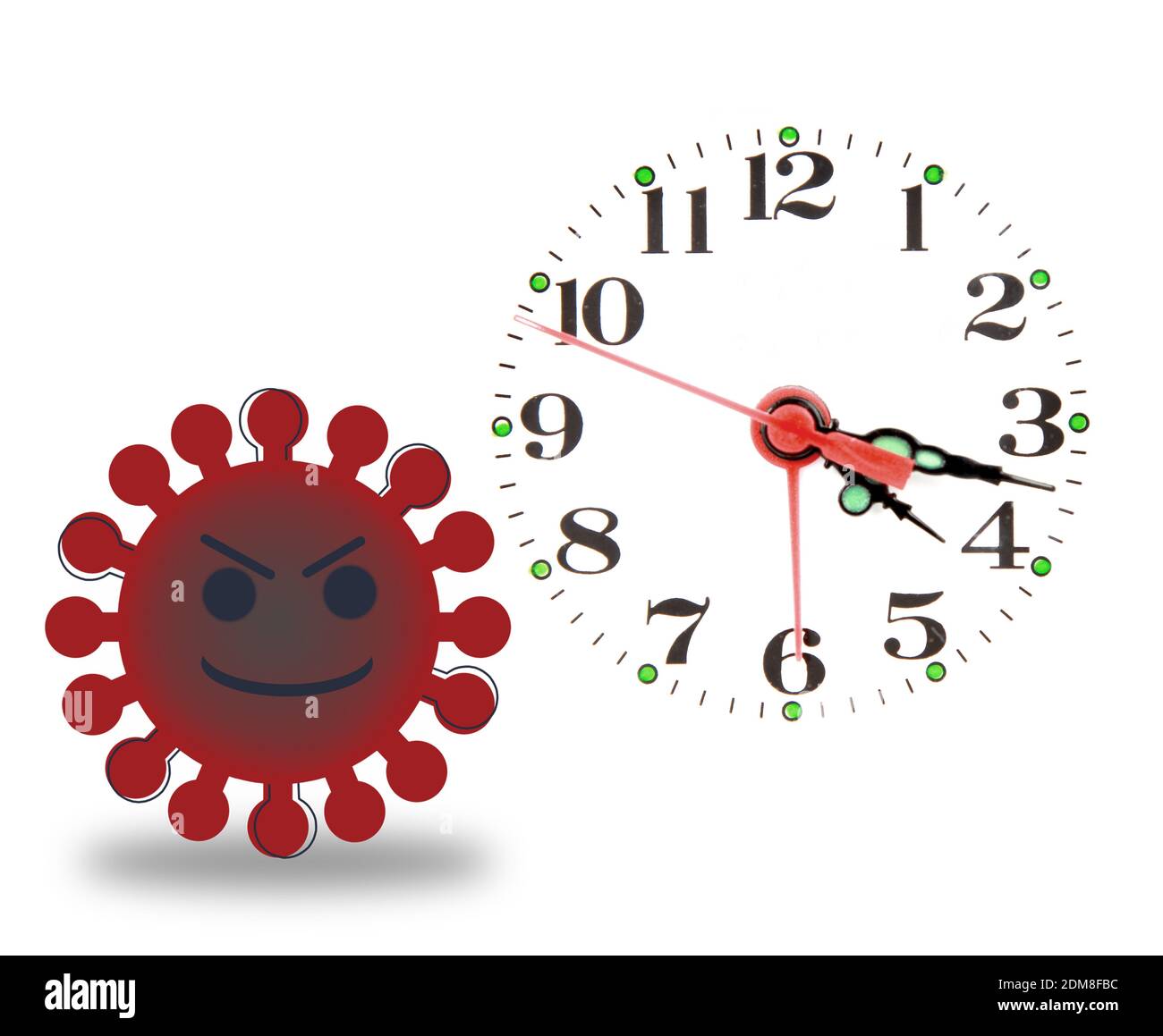 An isolated shot of a virus with an evil smile next to a clock on white ...