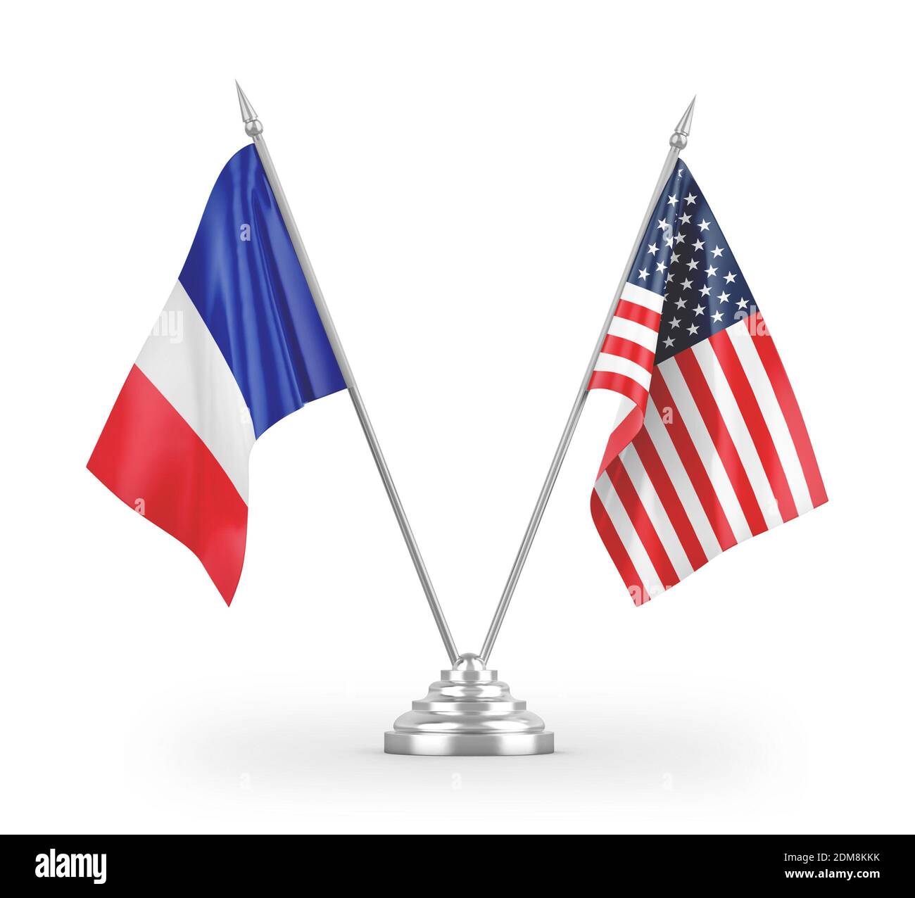 United States and France table flags isolated on white 3D rendering ...