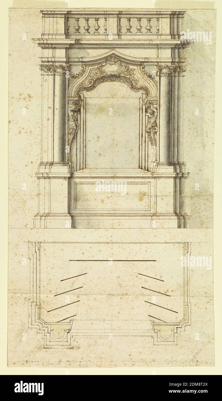 Proscenium and Plan for a Stage, Pen and ink, brush and sepia wash on ...
