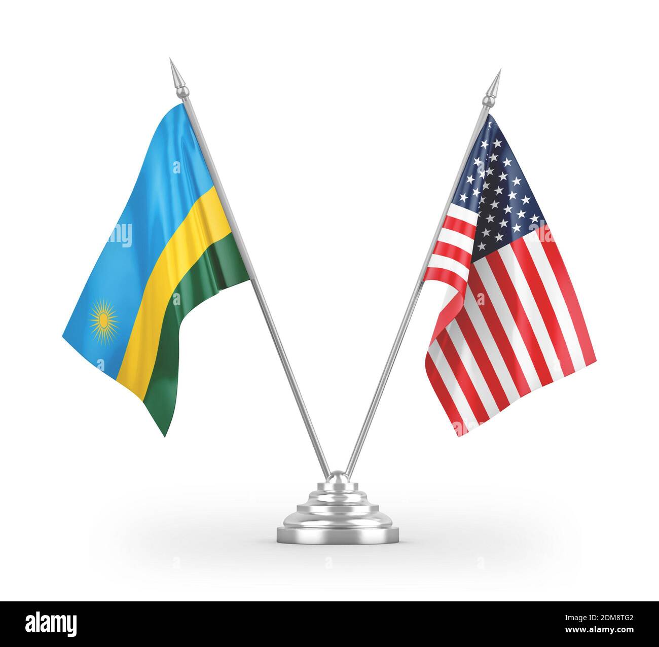 United States and Rwanda table flags isolated on white 3D rendering ...