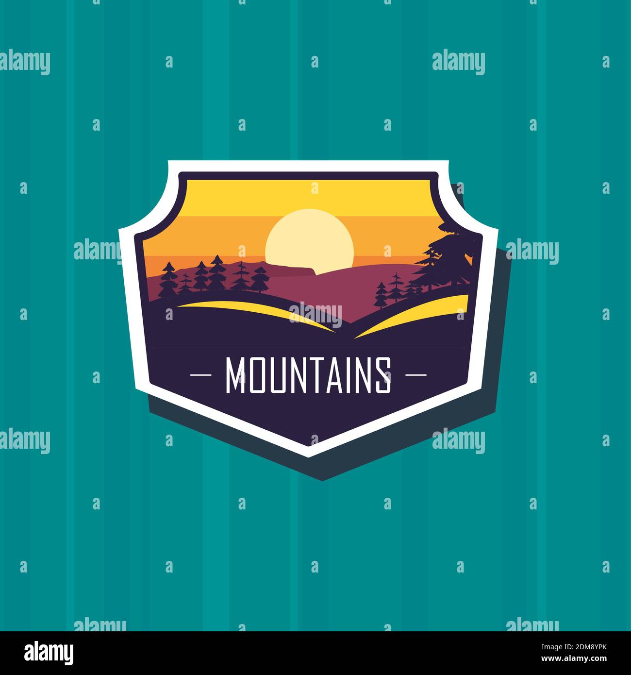 mountains with sun and pine trees landscape label on green background ...
