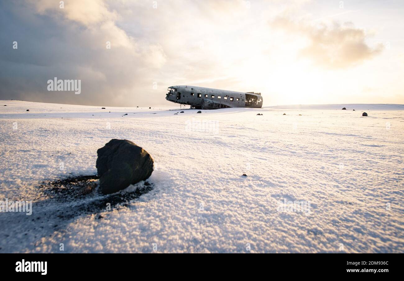 Iceland Solheimasandur DC-13 Plane Crash during sunrise in winter Stock ...
