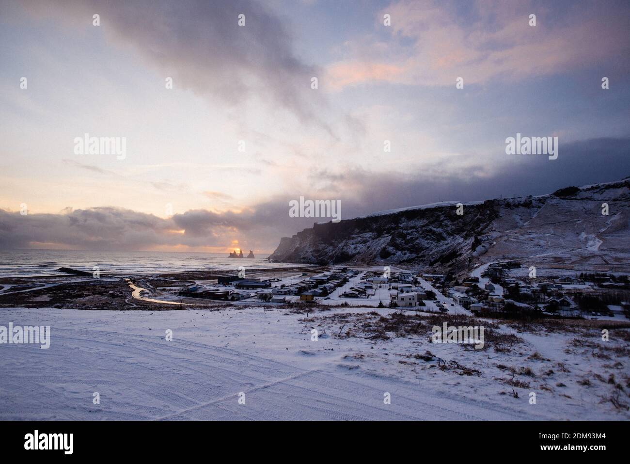 View of Vik, Iceland at sunset from overlook in winter Stock Photo - Alamy