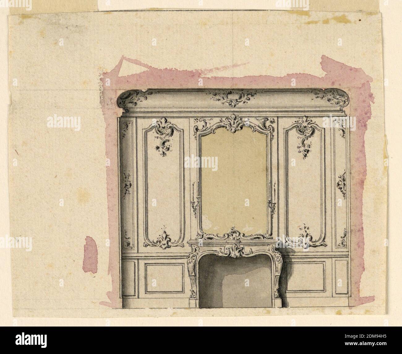 Design for a fireplace, Pen and Chinese ink, brush and washes of purple ...