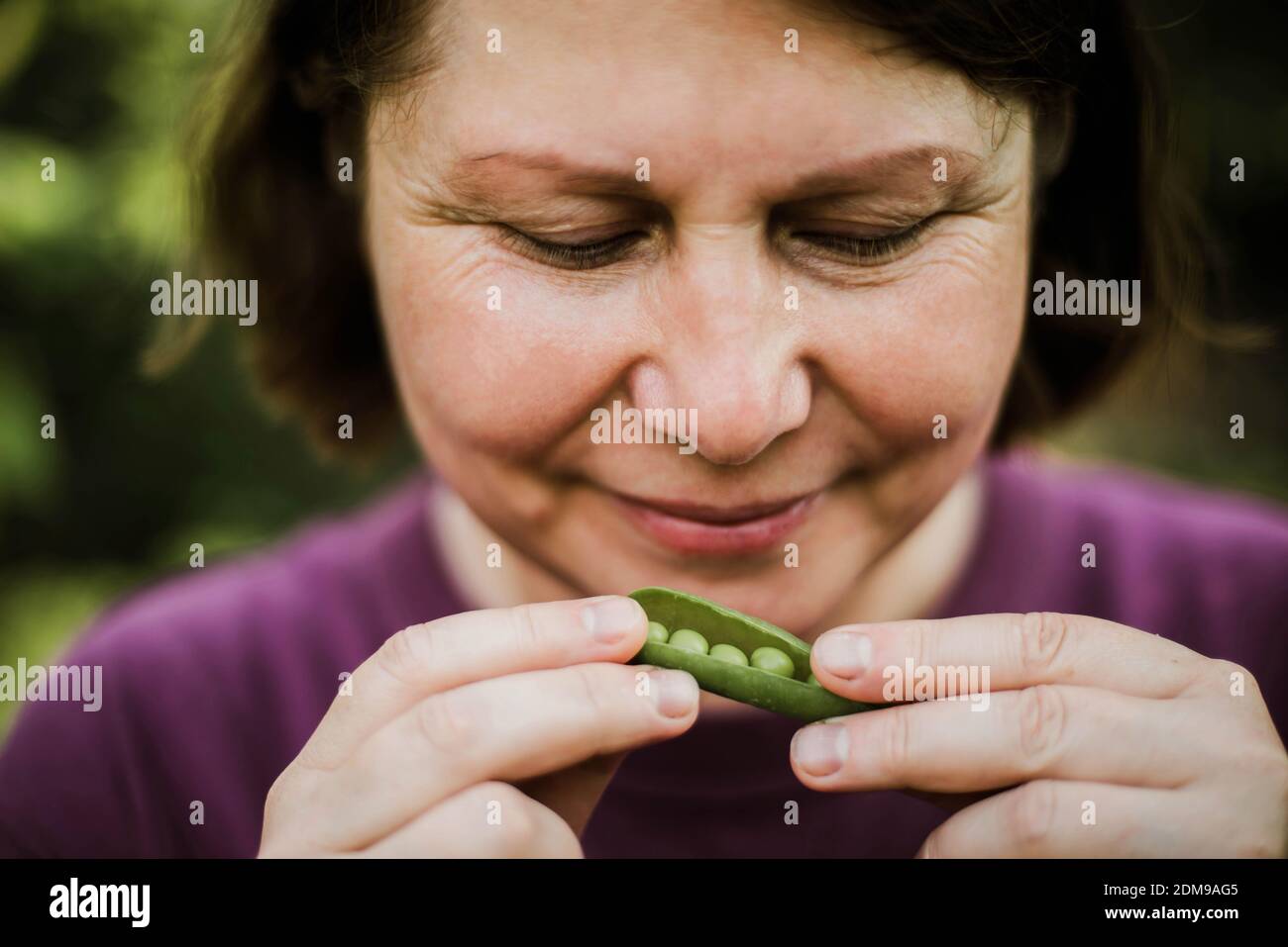 Woman eating organic peas from backyard garden Stock Photo - Alamy