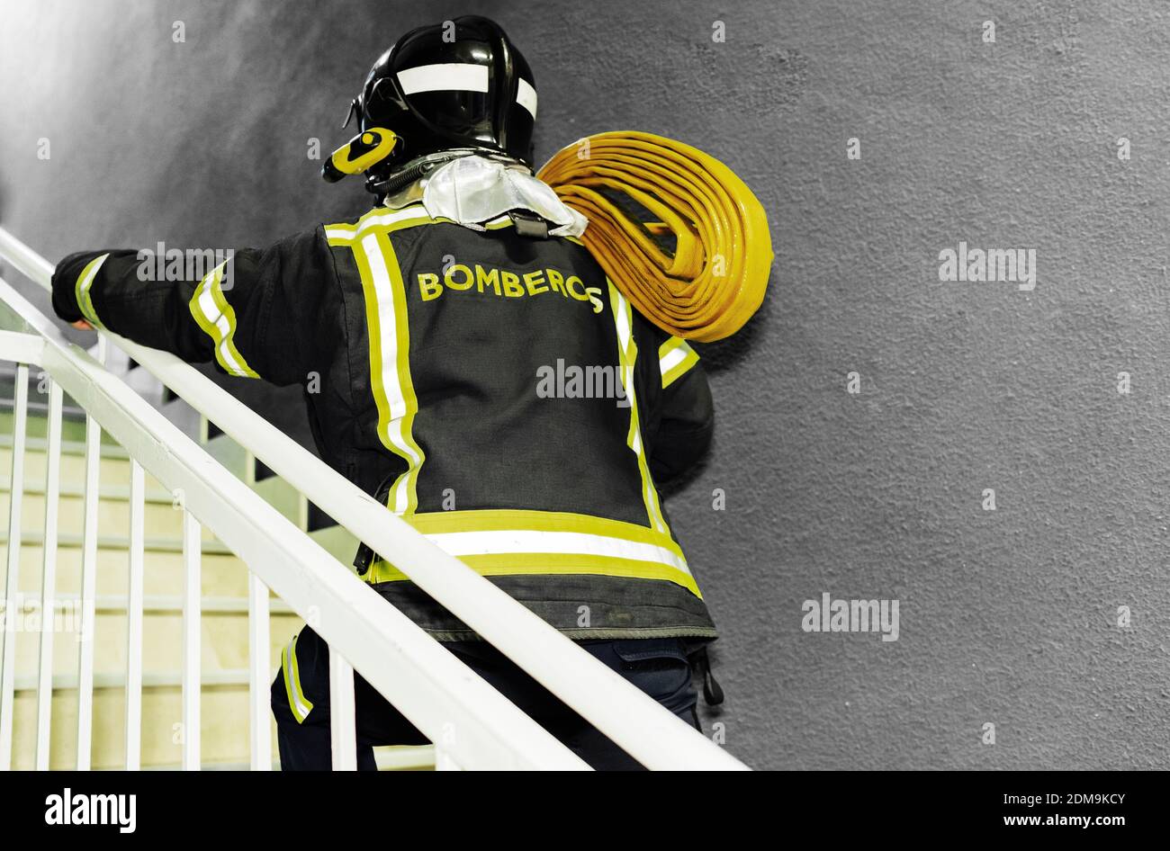 firefighter in emergency with hose to put out a fire Stock Photo - Alamy