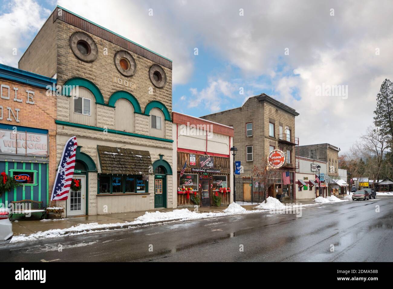 The main street of the historic small lumber town of Spirit Lake in the ...