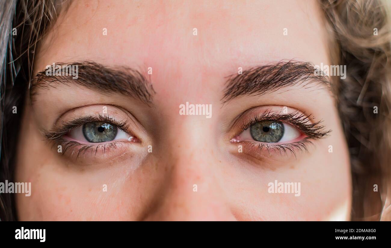 A closeup of a female face with lush eyebrows and blue eyes without ...